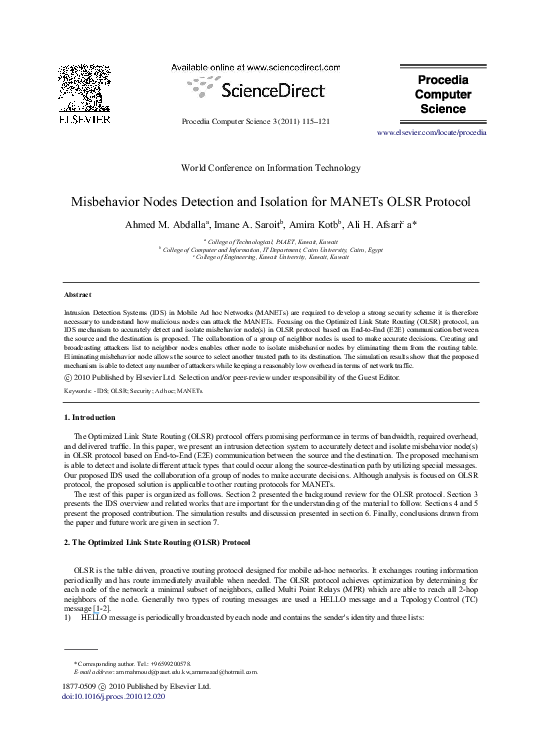 Pdf Misbehavior Nodes Detection And Isolation For Manets Olsr Protocol Imane Aly Saroit 