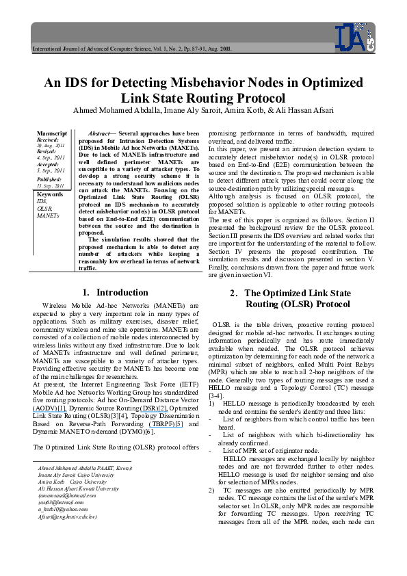 Pdf An Ids For Detecting Misbehavior Nodes In Optimized Link State