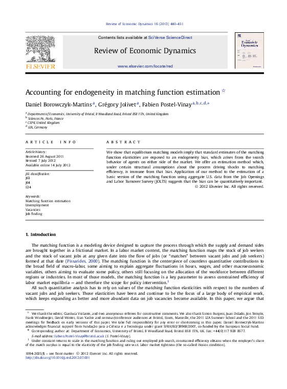 (PDF) Accounting For Endogeneity in Matching Function Estimation