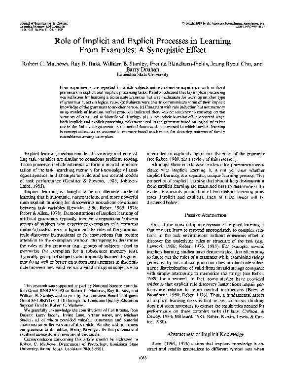 Pdf Role Of Implicit And Explicit Processes In Learning From Examples A Synergistic Effect