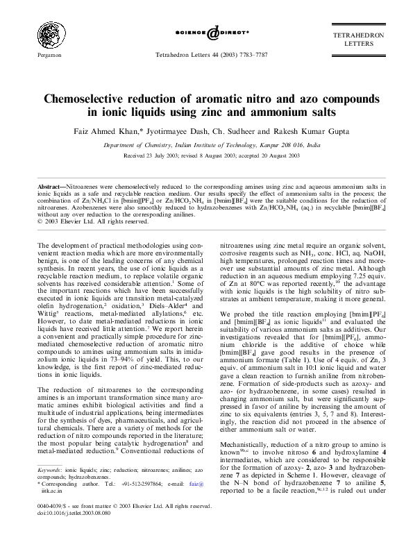 (PDF) Chemoselective reduction of aromatic nitro and azo compounds in ...
