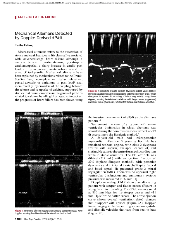 (PDF) Mechanical Alternans Detected by Doppler-Derived dP/dt