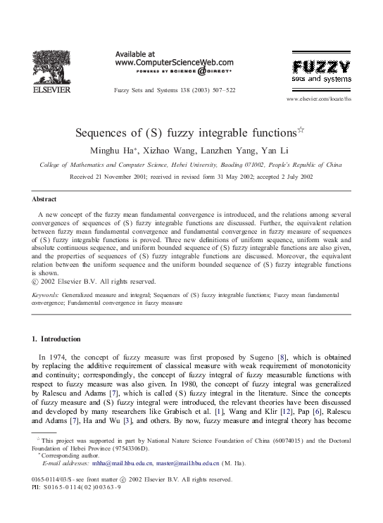 (PDF) Sequences of (S) fuzzy integrable functions