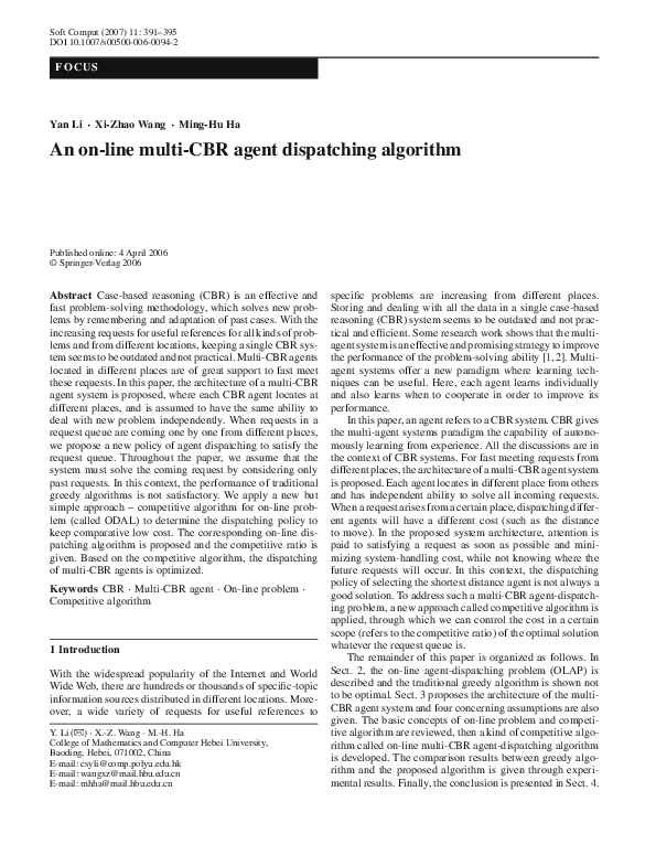 (PDF) An On-line Multi-CBR Agent Dispatching Algorithm