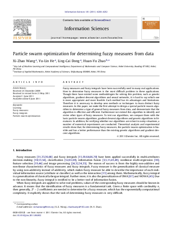 Pdf Particle Swarm Optimization For Determining Fuzzy Measures From Data
