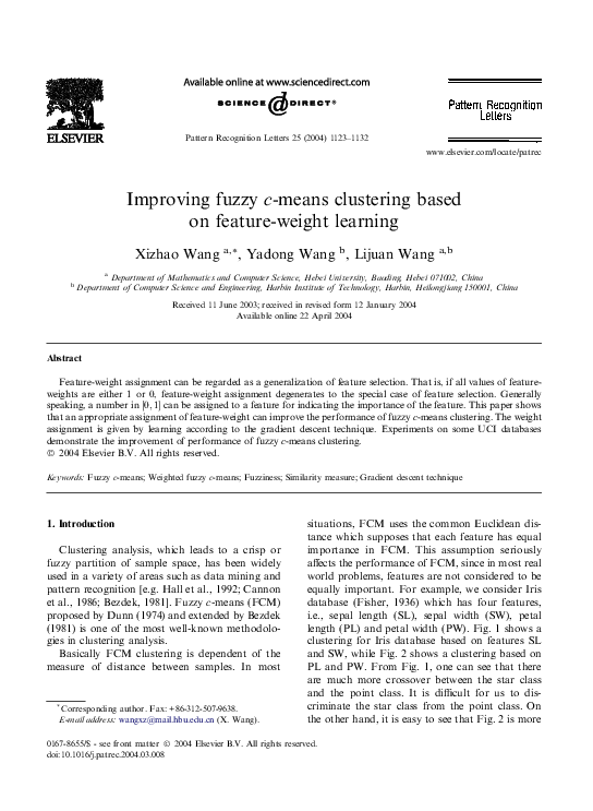 Pdf Improving Fuzzy C Means Clustering Based On Feature Weight Learning Xizhao Wang