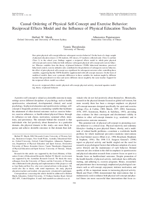(PDF) Causal Ordering of Physical Self-Concept and Exercise Behavior: Reciprocal Effects Model ...