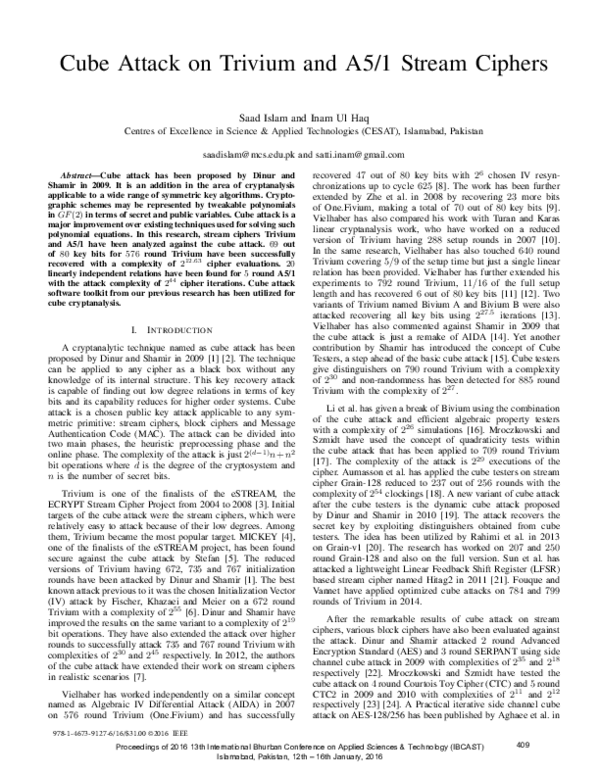 (PDF) Cube Attack on Trivium and A5/1 Stream Ciphers