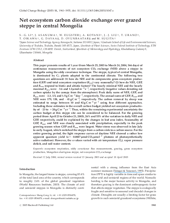 (PDF) Net ecosystem carbon dioxide exchange over grazed steppe in central Mongolia
