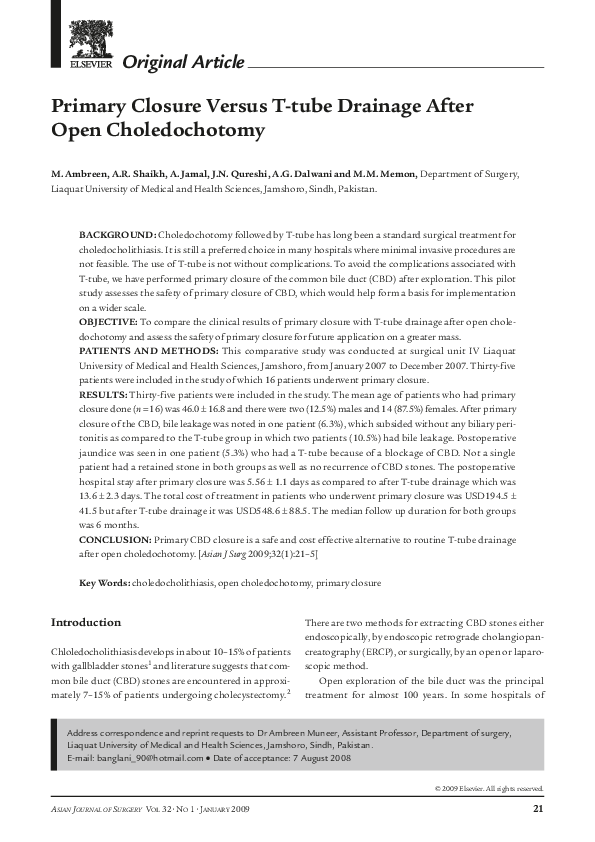 (PDF) Primary Closure Versus T-tube Drainage After Open Choledochotomy