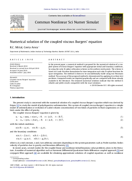 Pdf Numerical Solution Of The Coupled Viscous Burgers Equation