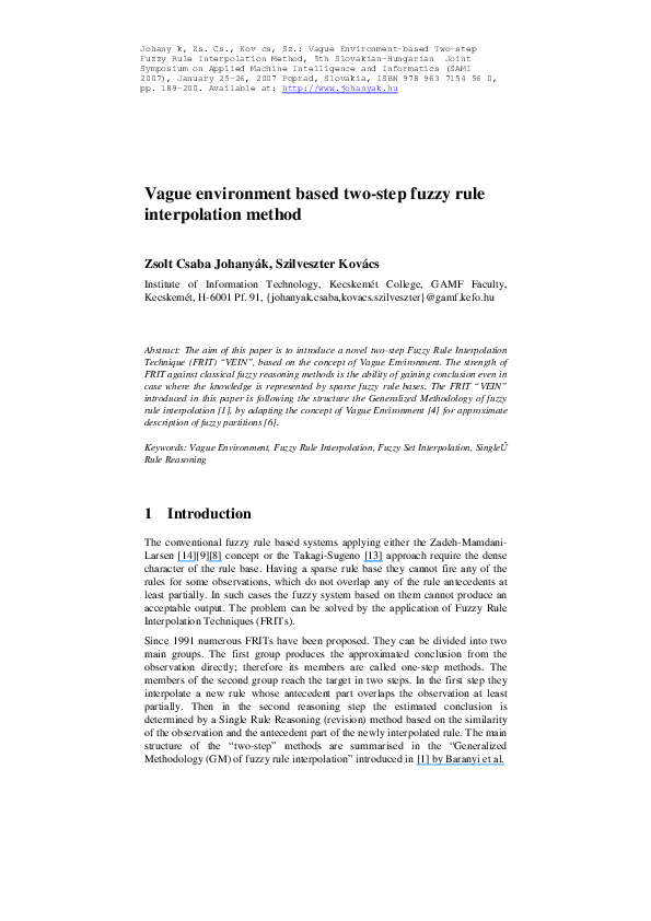 (PDF) Vague Environment-based Two-Step Fuzzy Rule Interpolation Method
