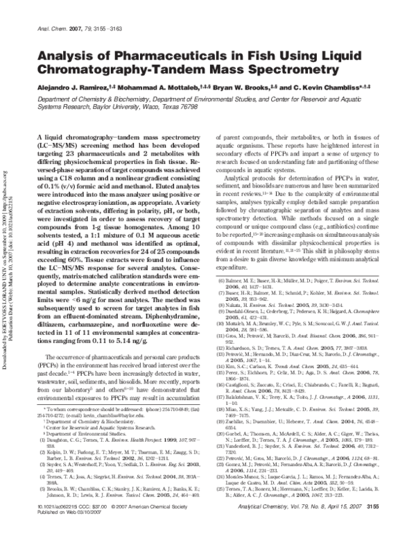 (PDF) Analysis of Pharmaceuticals in Fish Using Liquid Chromatography-Tandem Mass Spectrometry