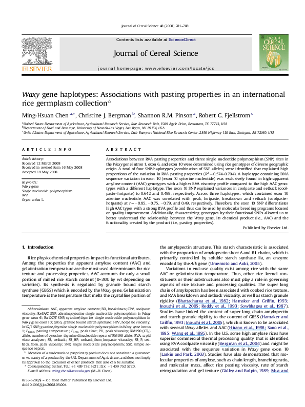 (PDF) Waxy gene haplotypes: Associations with pasting properties in an ...