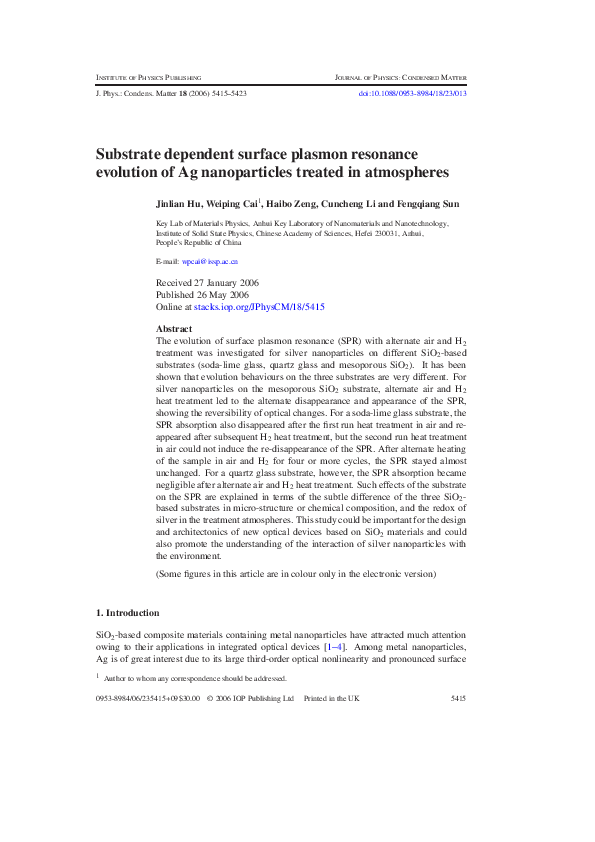 (PDF) Substrate dependent surface plasmon resonance evolution of Ag ...