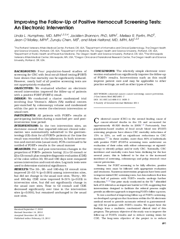 (PDF) Improving the Follow-Up of Positive Hemoccult Screening Tests: An ...