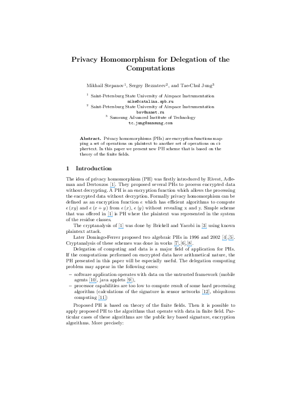 (PDF) Privacy Homomorphism for Delegation of the Computations
