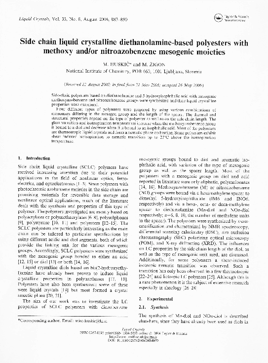 (PDF) Side chain liquid crystalline diethanolamine‐based polyesters ...
