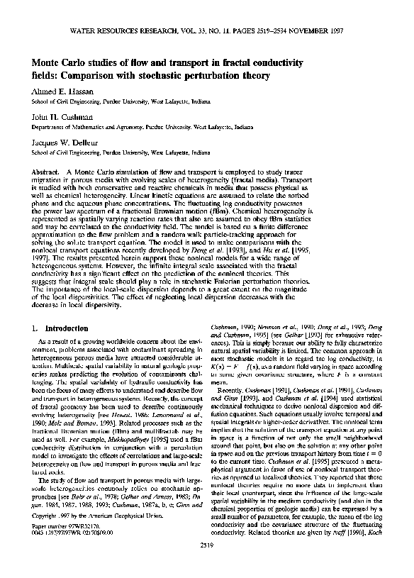 (PDF) Monte Carlo studies of flow and transport in fractal conductivity fields: Comparison with ...