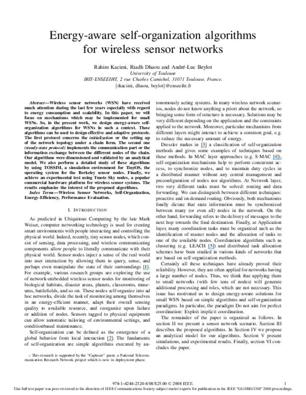Pdf Energy Aware Self Organization Algorithms For Wireless Sensor