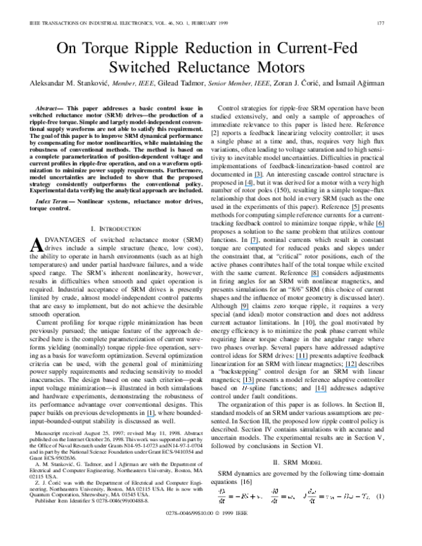Pdf On Torque Ripple Reduction In Current Fed Switched Reluctance Motors