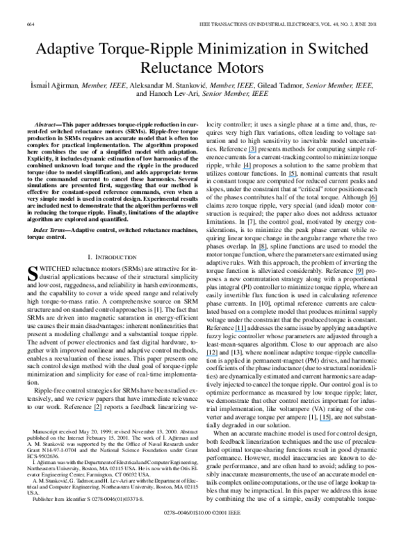 Pdf Adaptive Torque Ripple Minimization In Switched Reluctance Motors