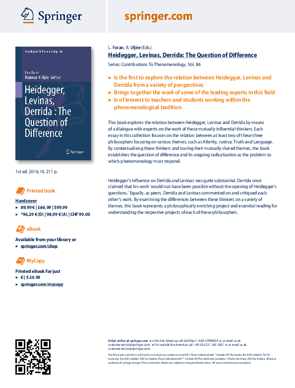 (PDF) Heidegger, Levinas, Derrida: The Question of Difference | Lisa ...