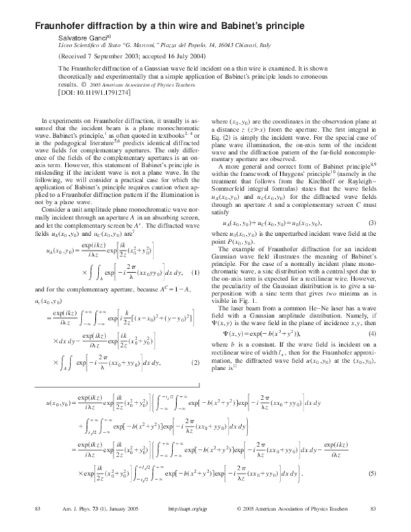 (PDF) Fraunhofer diffraction by a thin wire and Babinet's principle