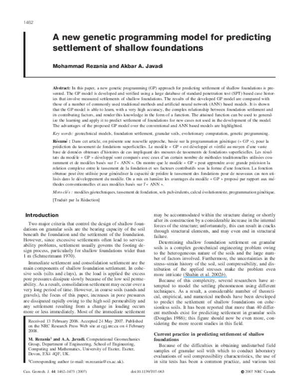 (PDF) A new genetic programming model for predicting settlement of shallow foundations