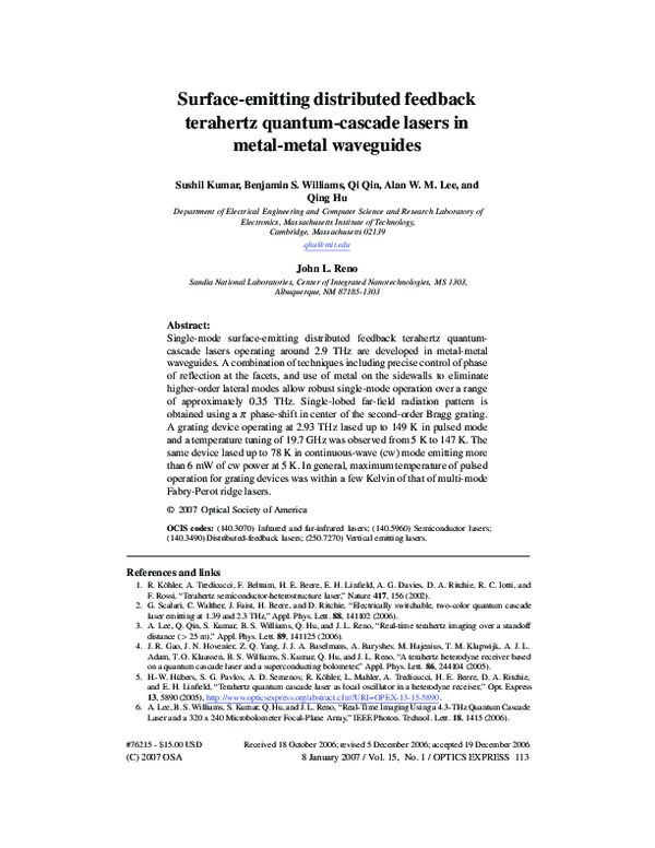 (PDF) Surface-emitting distributed feedback terahertz quantum-cascade lasers in metal-metal ...