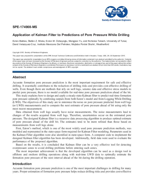 (PDF) SPE-174908-MS Application of Kalman Filter to Predictions of Pore Pressure While Drilling