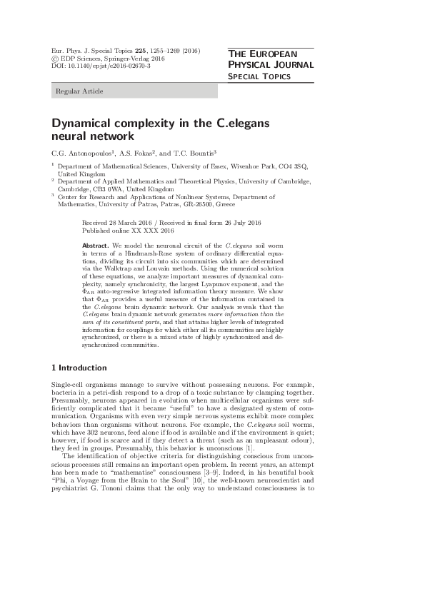 (PDF) Dynamical complexity in the C.elegans neural network