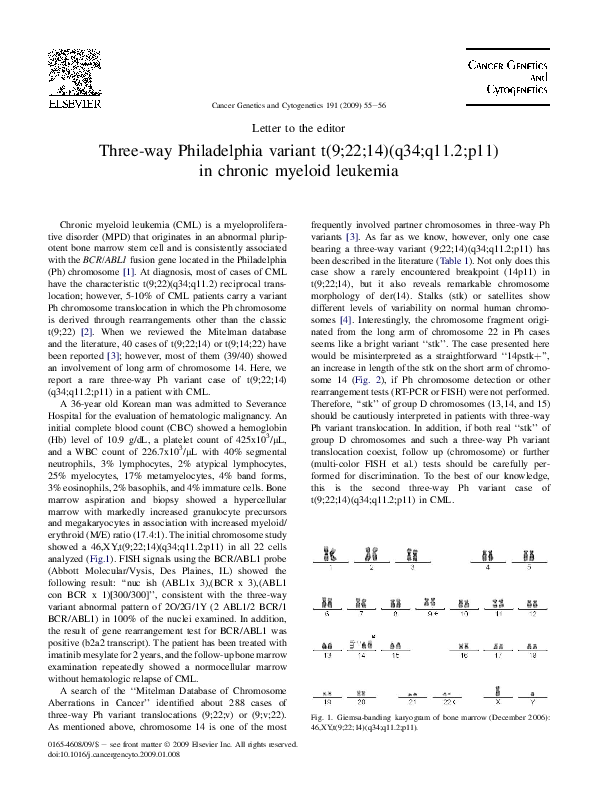 (PDF) Three-way Philadelphia variant t(9;22;14)(q34;q11.2;p11) in ...