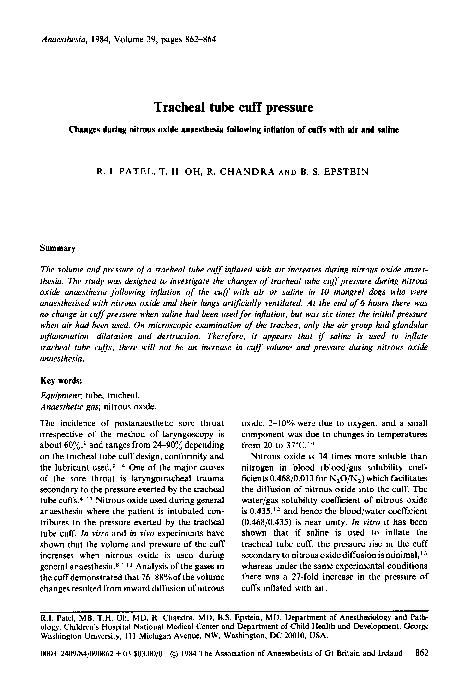 (PDF) Tracheal tube cuff pressure.: Changes during nitrous oxide ...