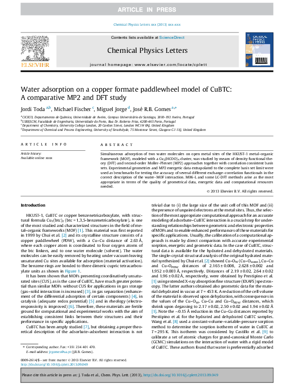 (PDF) Water adsorption on a copper formate paddlewheel model of CuBTC ...