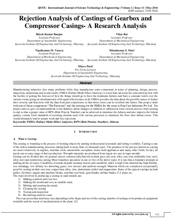 (PDF) Rejection Analysis of Castings of Gearbox and Compressor Casings ...