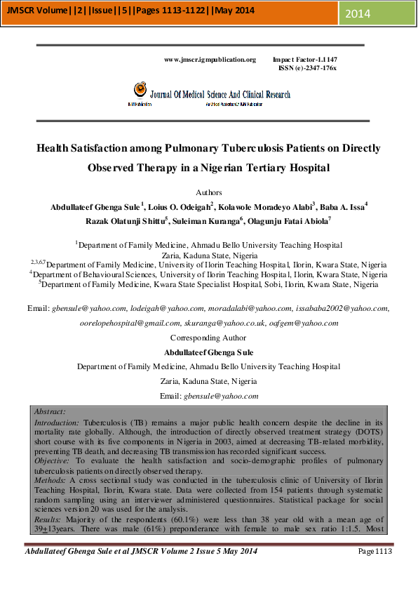 (PDF) Health Satisfaction among Pulmonary Tuberculosis Patients on ...