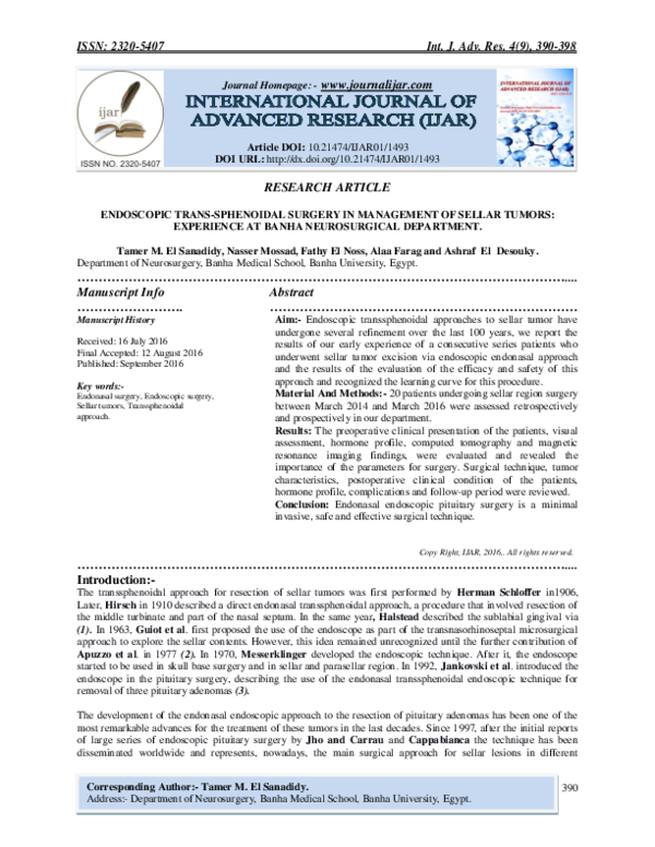 (PDF) ENDOSCOPIC TRANS-SPHENOIDAL SURGERY IN MANAGEMENT OF SELLAR ...