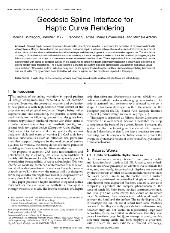 Pdf Geodesic Spline Interface For Haptic Curve Rendering