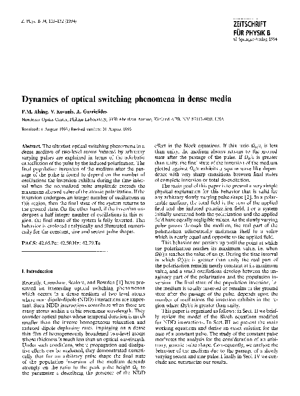 (PDF) Dynamics of optical switching phenomena in dense media