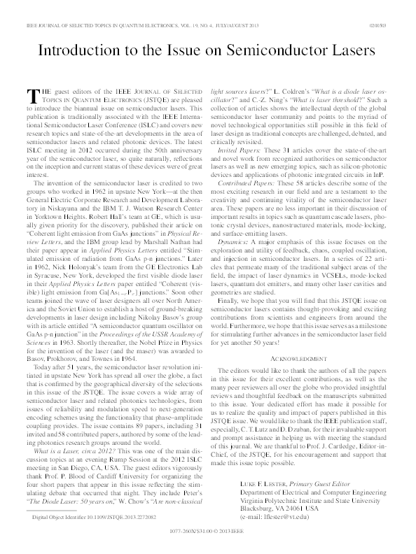 (PDF) Introduction to the issue on semiconductor lasers