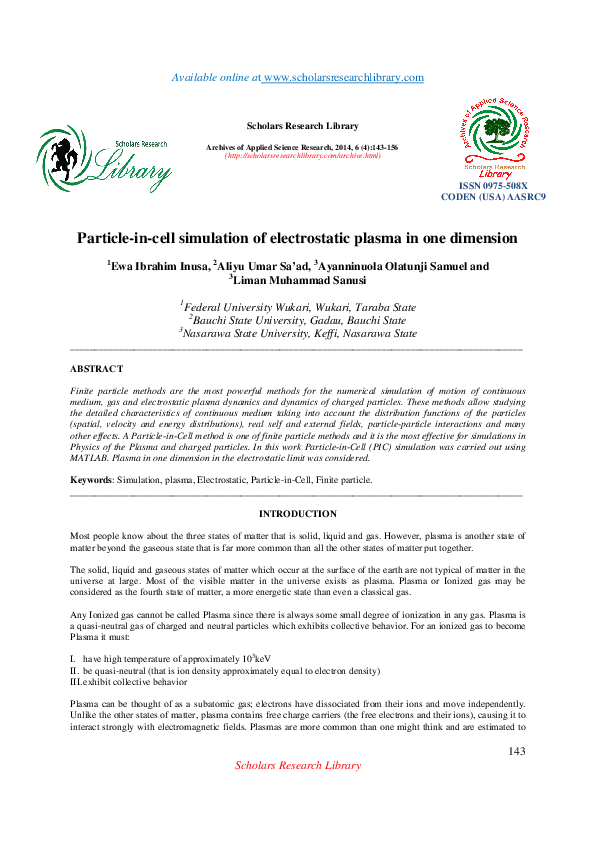 (PDF) Particle-in-cell simulation of electrostatic plasma in one dimension