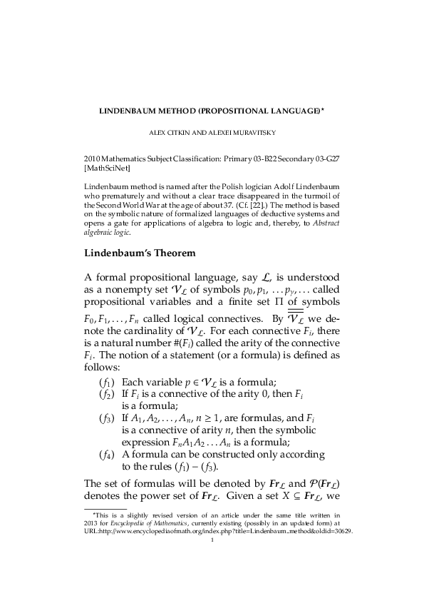 (PDF) LINDENBAUM METHOD (PROPOSITIONAL LANGUAGE | Alex Citkin - Academia.edu
