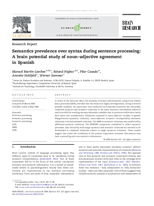 (PDF) Semantics prevalence over syntax during sentence processing: A brain potential study of ...