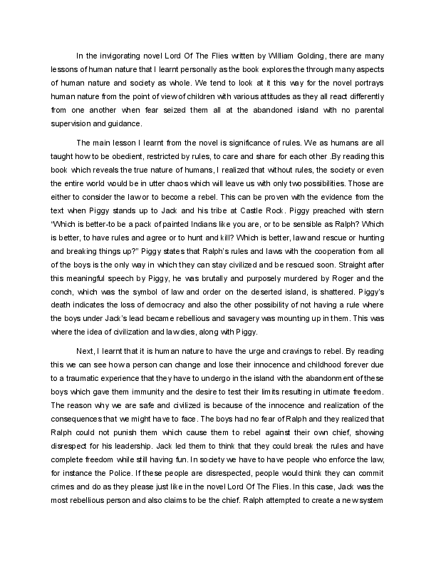 (DOC) Personal Response on Lord Of The Flies