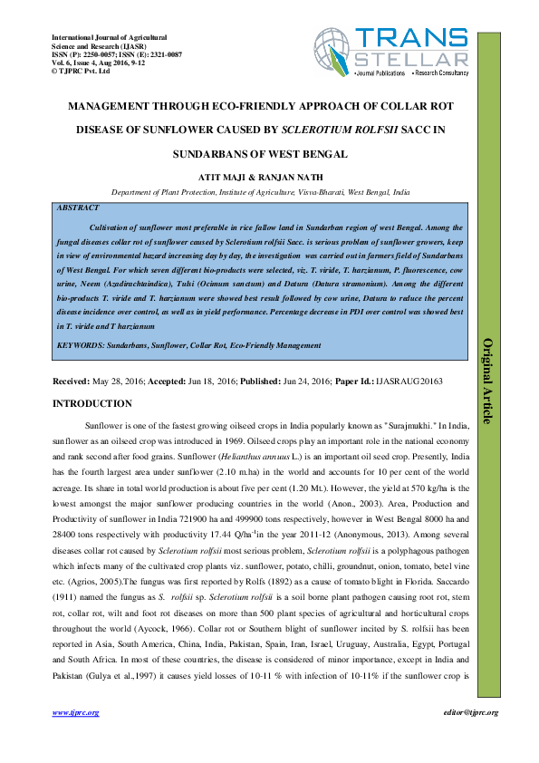 (PDF) MANAGEMENT THROUGH ECO-FRIENDLY APPROACH OF COLLAR ROT DISEASE OF SUNFLOWER CAUSED BY ...