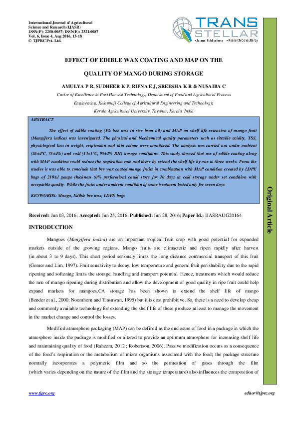 (PDF) EFFECT OF EDIBLE WAX COATING AND MAP ON THE QUALITY OF MANGO ...