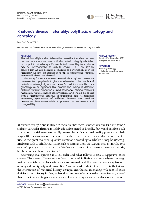 (PDF) Rhetoric’s Diverse Materiality: Polythetic Ontology and Genealogy