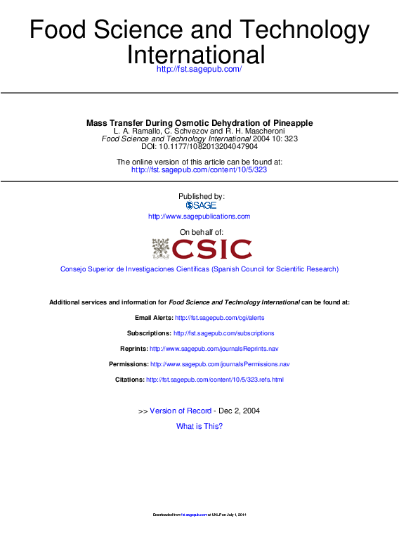 Pdf Mass Transfer During Osmotic Dehydration Of Pineapple Rings