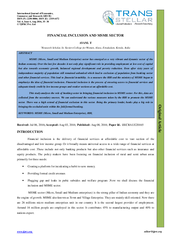(PDF) FINANCIAL INCLUSION AND MSME SECTOR
